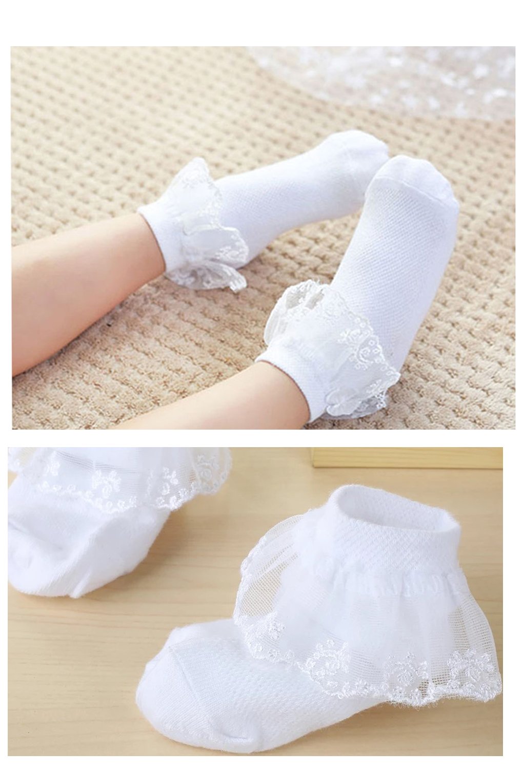 5 Pack of Girls White Lace Ruffle Socks Cotton Baby, M(3-6T)