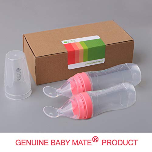 Baby Mate 4oz & 3oz Silicone Baby Food Dispensing Spoon Combo (Pink, Ideal for 4 Months+ Babies) FDS - Infant Feeders for Cereal and Baby Food - Silicone Squeeze Feeder with Spoon - Solid Feeding