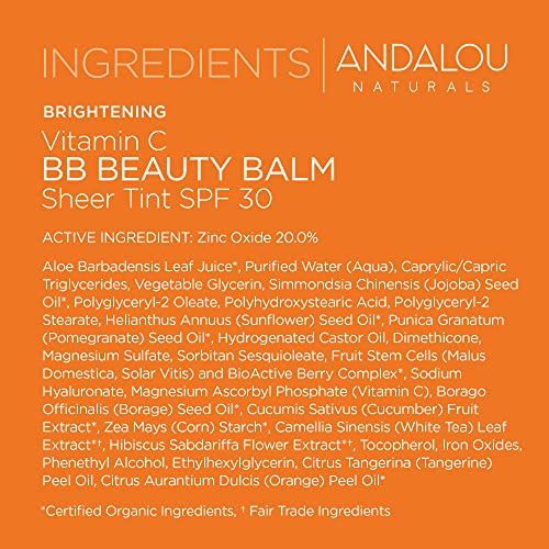 Andalou Naturals Vitamin C BB Beauty Balm Sheer Tint SPF 30, 2-in-1 BB Cream & Face Sunscreen with Broad Spectrum Protection, Mineral Sunscreen with Non-Nano Zinc Oxide, 2 Fl Oz