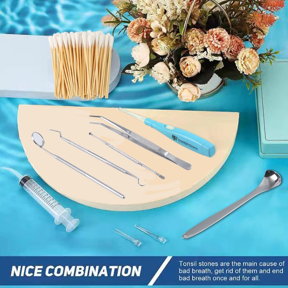 9 Pieces Upgraded Tonsil Stone Removal Set Include Stainless Steel Tonsil Stone Remover Tool Led Light Tongue Cleaner Scraper Tweezer,Cured Syringe for Oral Care (Blue)