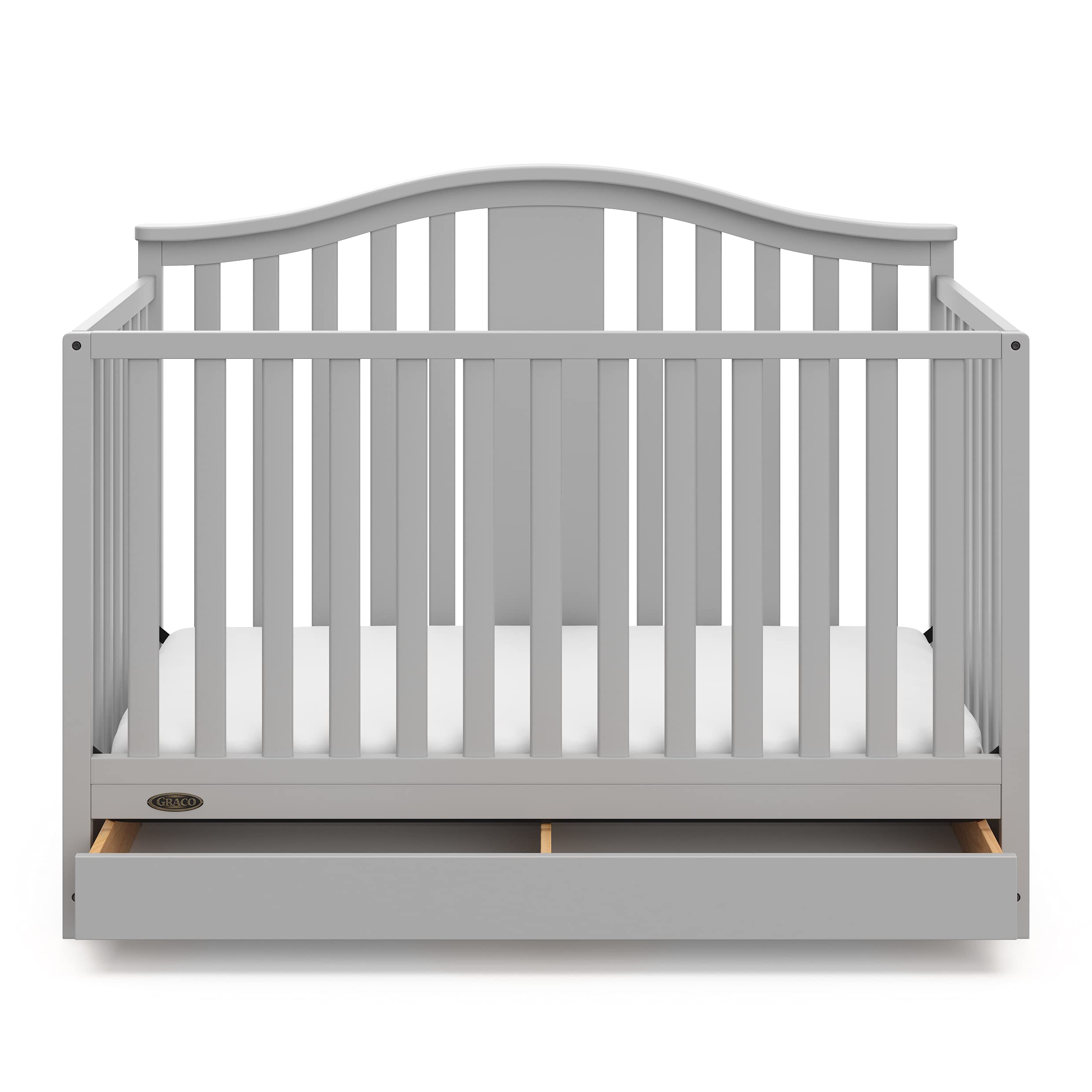 Graco Solano 4-in-1 Convertible Crib with Drawer (Pebble Gray) – GREENGUARD Gold Certified, Crib with Drawer Combo, Includes Full-Size Nursery Storage Drawer, Converts to Toddler Bed and Full-Size Bed