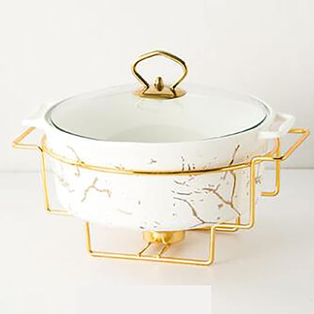 2 Quart Round Chafing Dish Buffet Set, Ceramic Marble Finish Chafer with Glass Lid, Chafer and Buffet Warmer Set for Buffet Weddings Parties Banquets,White,B