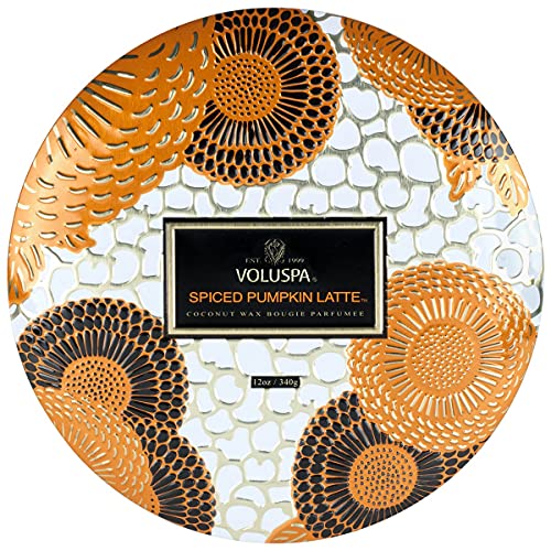 Voluspa Spiced Pumpkin Latte Candle | 3 Wick Tin | 12 Oz. | 40 Hour Burn Time | Vegan | All Natural Wicks and Coconut Wax for Clean Burning