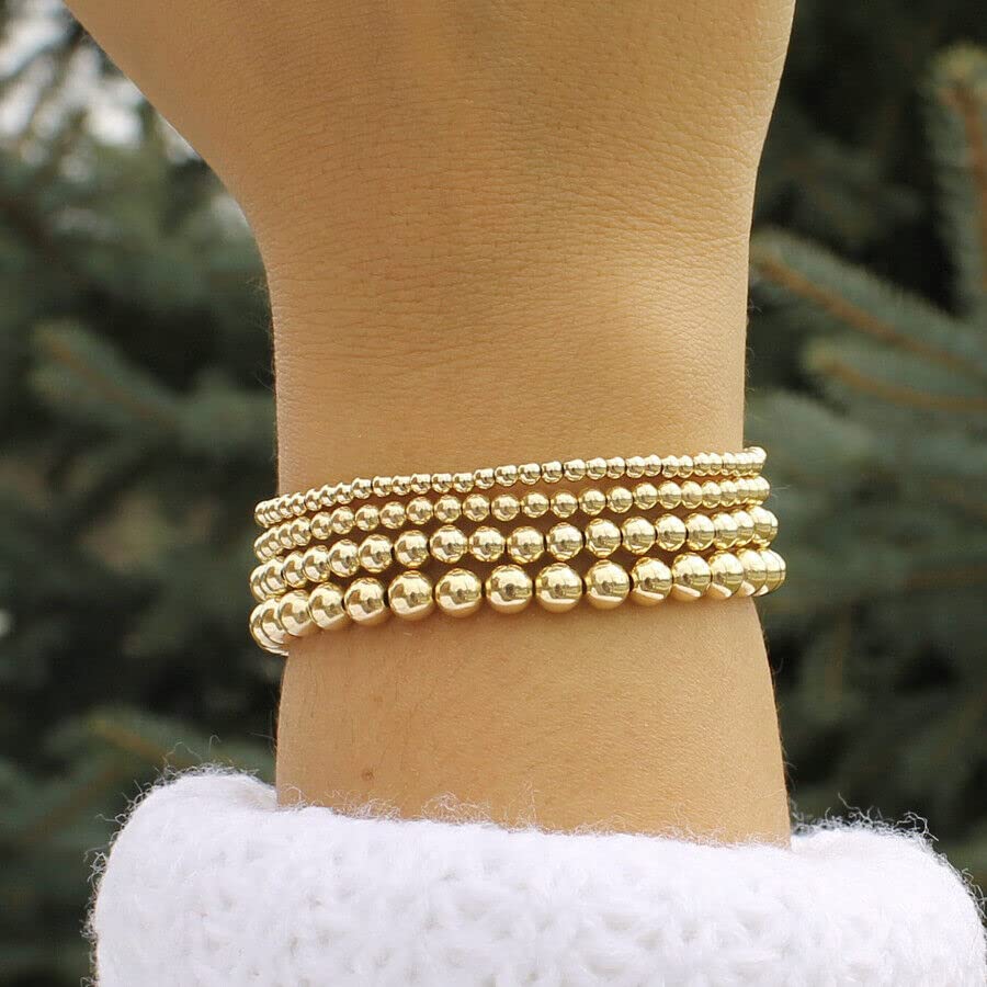 14K Gold Plated Copper Bead Bracelets Women Bracelet 4MM 5MM 6MM 8MM - ( Size:4MM, Color:White Gold Plated )