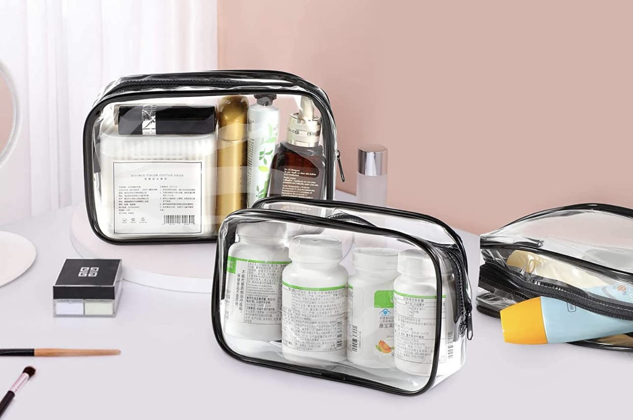 12 Pieces Clear Cosmetics Bag PVC Zippered Clear Toiletry Carry Pouch Portable Cosmetic Makeup Bag Waterproof Makeup Bag Vinyl Plastic Organizer Case for Vacation Bathroom (Black,Large)