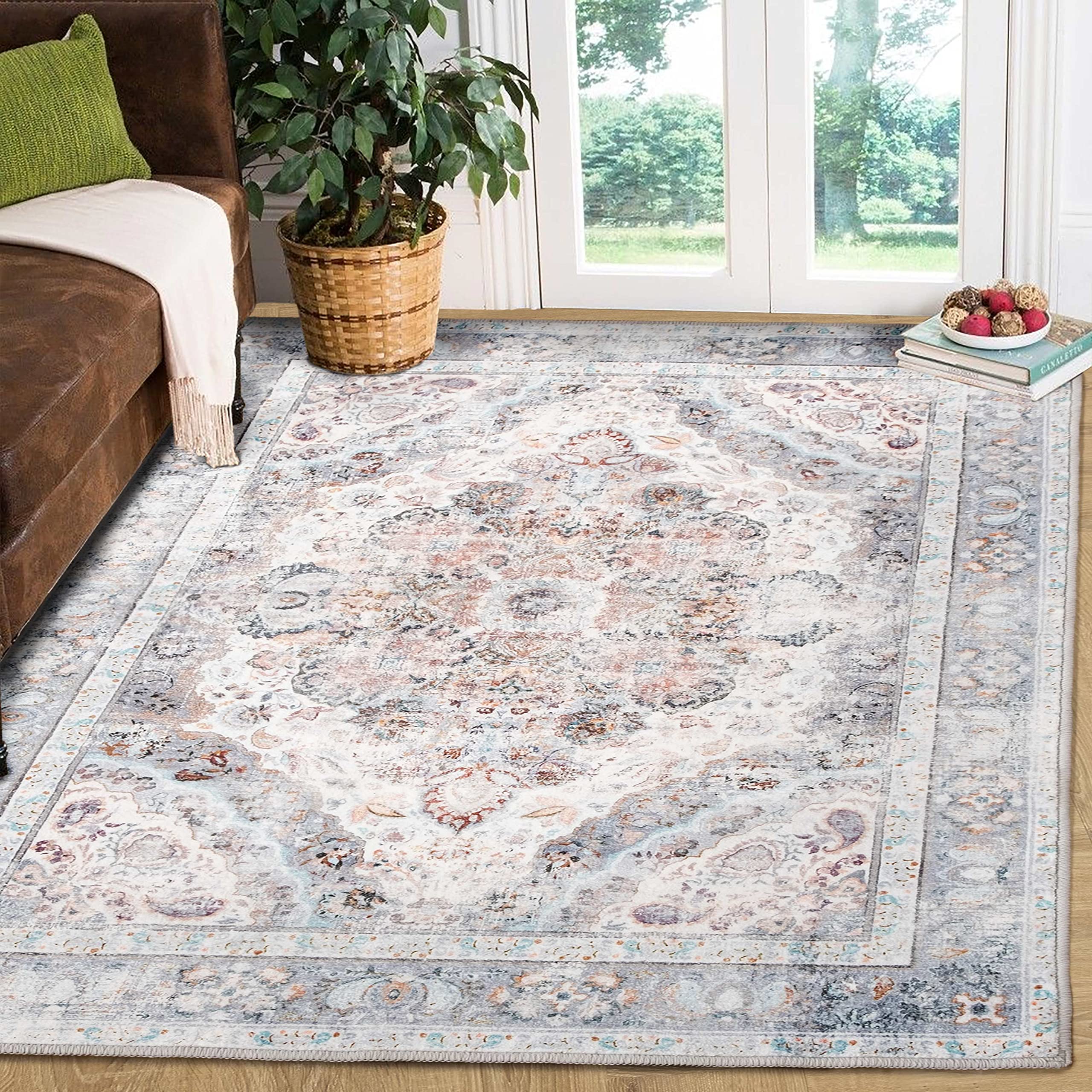 5’x7’ Rugs for Living Room Vintage Boho Washable Area Rug Non-Slip Light Gray White Large Rug for Bedroom Dining Room Office Dorm Laundry Room Carpet Oriental Medallion Aesthetic Retro