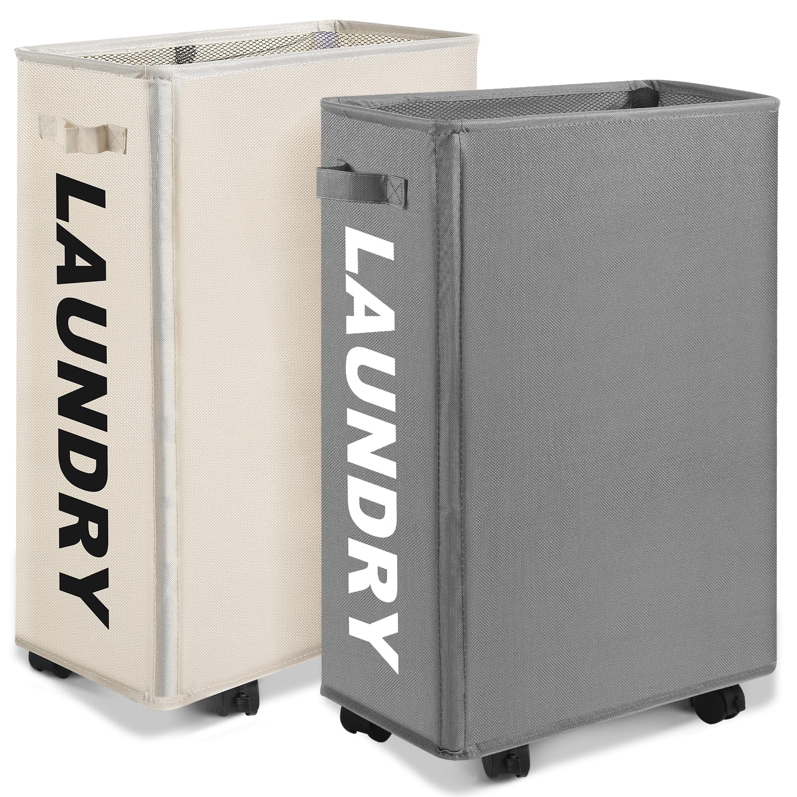 2 Pack Rolling Slim Laundry Basket Laundry Hamper with Wheels and Handle Foldable Waterproof Narrow Corner Clothes Storage Bins Tall Laundry Basket for baby's room/Laundry Room Etc,(42L,Beige+Grey)