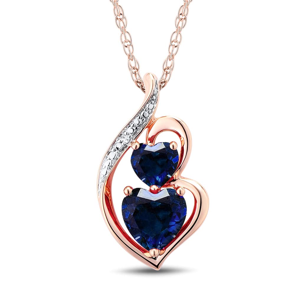 10kt Rose Gold Lab Created Blue Sapphire Heart Necklace Diamond Accent - 18 Inch Chain