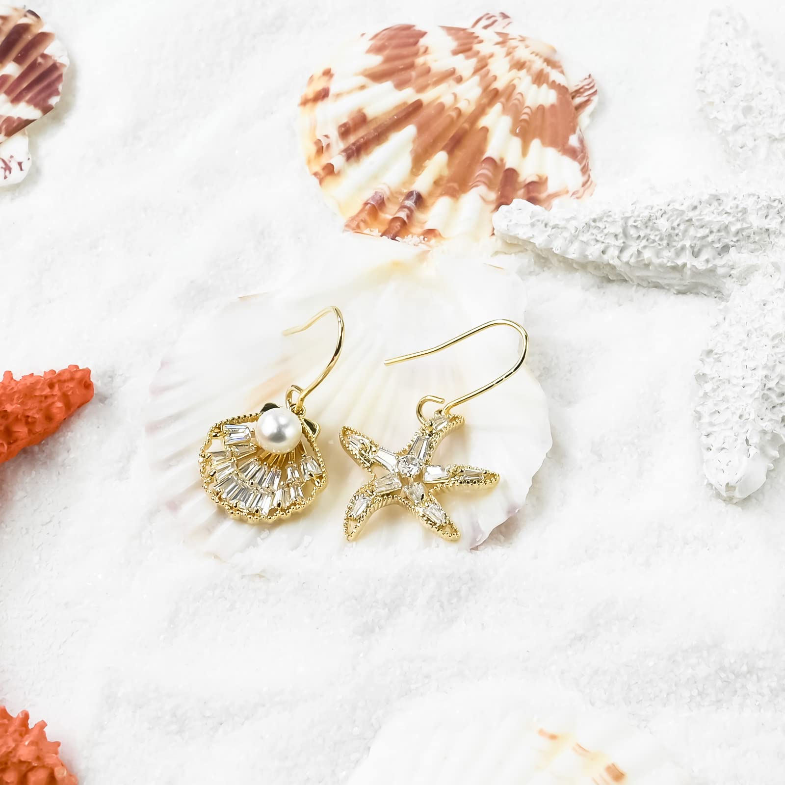 14K Gold Plated Starfish Shell Dangle Earrings for Women, Hypoallergenic Beach Earrings Handmade Asymmetric Earrings for Sensitive Ears
