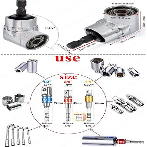 3Pcs 1/4" 3/8" 1/2"Hex Socket Adapter Drill Bits Set,Impact Grade Socket Wrench Adapter Extension Set,105°Right Angle Drill Bit Adapter Attachment 1/4" Drive Hex Magnetic Bit Socket Screwdriver Drill