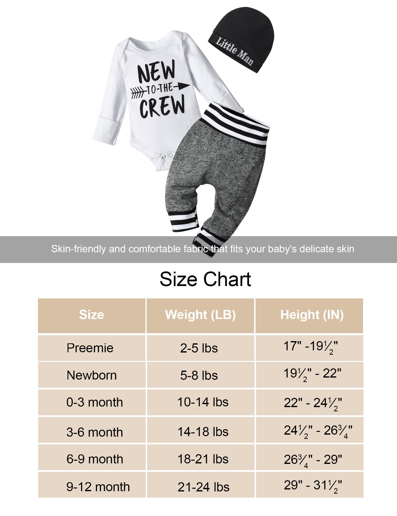 Baby Boy Clothes 0-3 Months Baby Clothes Boy New to The Crew Print Romper Pants Hat 3PCS Baby Boy Outfits White