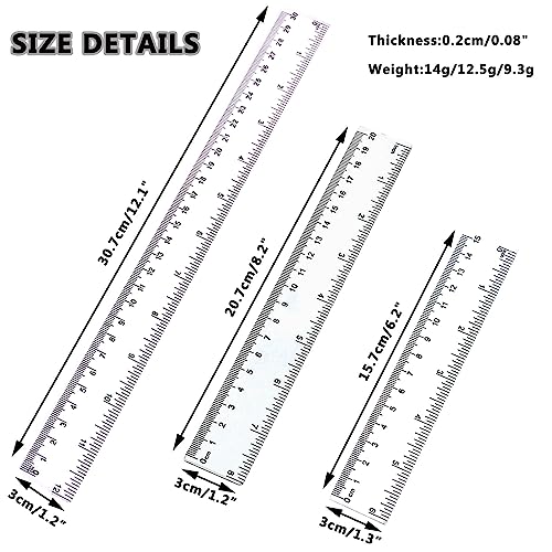 6 Inch 8 Inch 12 Inch Plastic School Rulers, 3 Pack Clear Ruler with Inches and Centimeters Drafting Office Tools for Student School Office