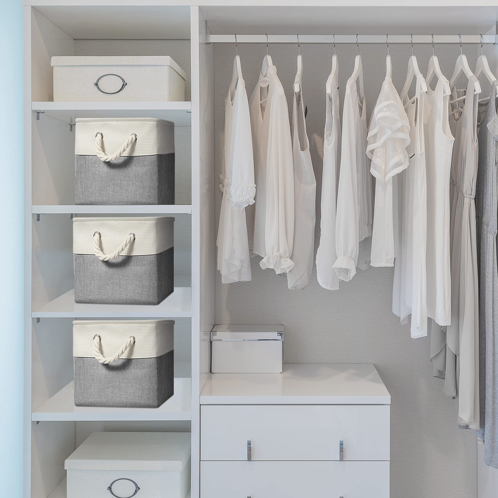 12 Pieces Cube Storage Bins Small Foldable Storage Cube Baskets with Sturdy Carry Handles Multipurpose Storage Cube Baskets Organizer Bin for Home, Office, Nursery (Gray and White,11 x 11 Inch)