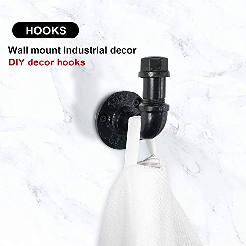 gotonovo Wall Mounted Rustic Industrial Towel and Robe Hook Set Towel Single Hook Kit Heavy Duty DIY Style Industrial Pipe Robe Hook Industrial Iron Pipe Electroplated Black Finish, 2 Pieces