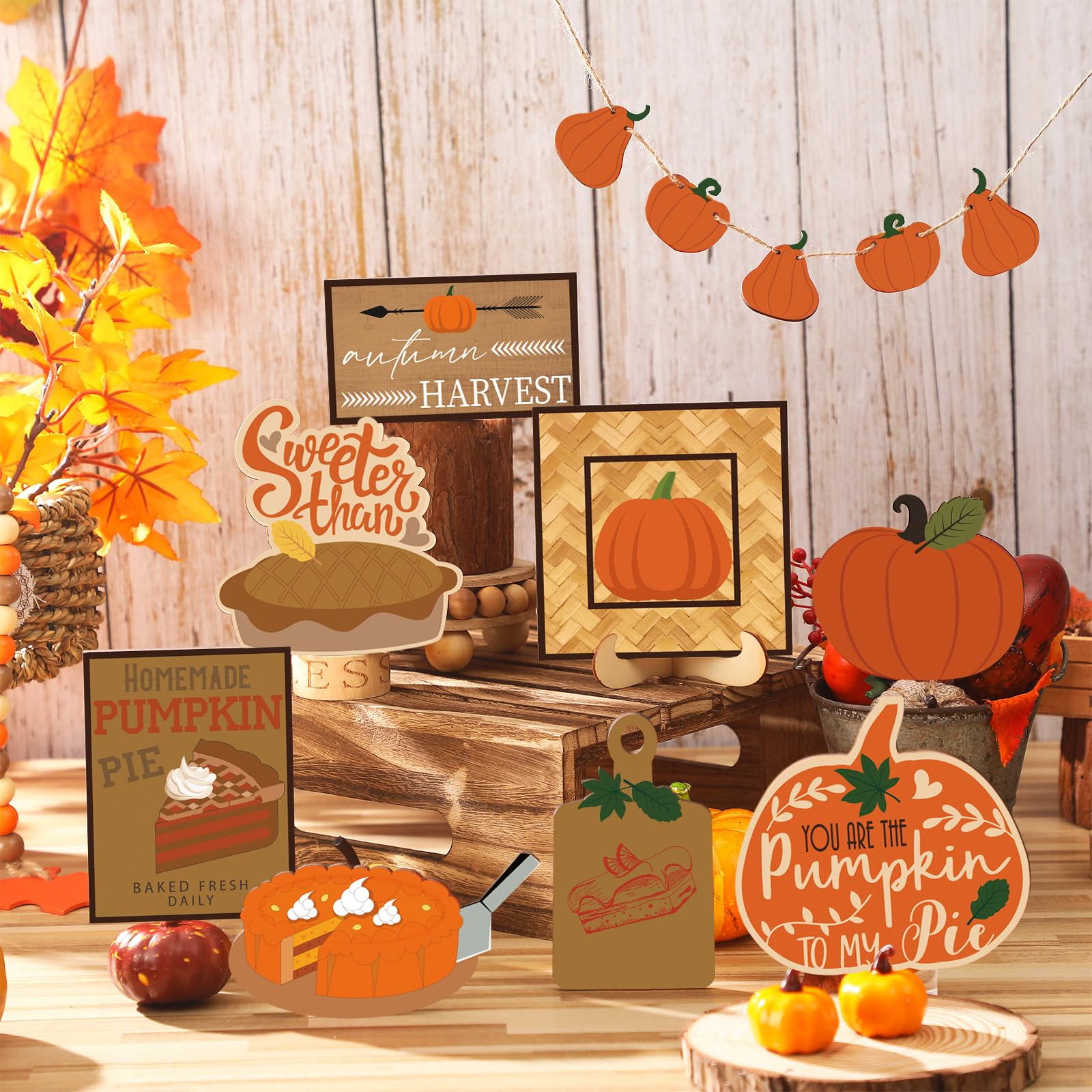 12 Pieces Fall Tiered Tray Decor Set Welcome Autumn Pumpkins Tray Decor Hello Autumn Maple Leaf Wood Table Decor Thanksgiving Decorations for Holiday Fall Farmhouse Home Centerpiece (Novelty Style)