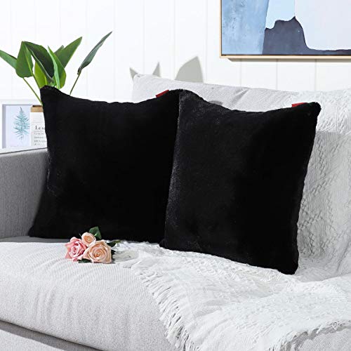 MANDIOO Pack of 2 Black Faux Fur Fuzzy Cozy Soft Decorative Throw Pillow Covers Set Cushion Cases Pillowcases for Sofa Bedroom Car 16x16 Inches