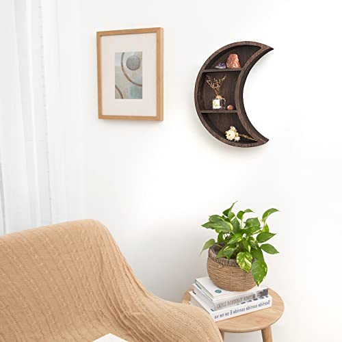 Dahey Moon Shelf Wall Mounted Moon Wall Decor Crystal Display Shelf Crescent Wooden Floating Shelves Hanging Storage for Living Room Bedroom Bathroom Kitchen Witchy Room Decor, 12" L×3" D×16" H