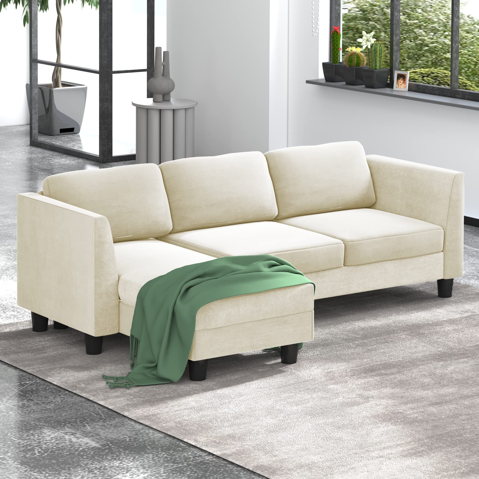 Mjkone Convertible Sectional Sofa Couch, 86'' W Velvet Sofas for Living Room, L Shaped Couches with Reversible Chaise, Couch Office/Bedroom/Living Room (Beige) Creamy White