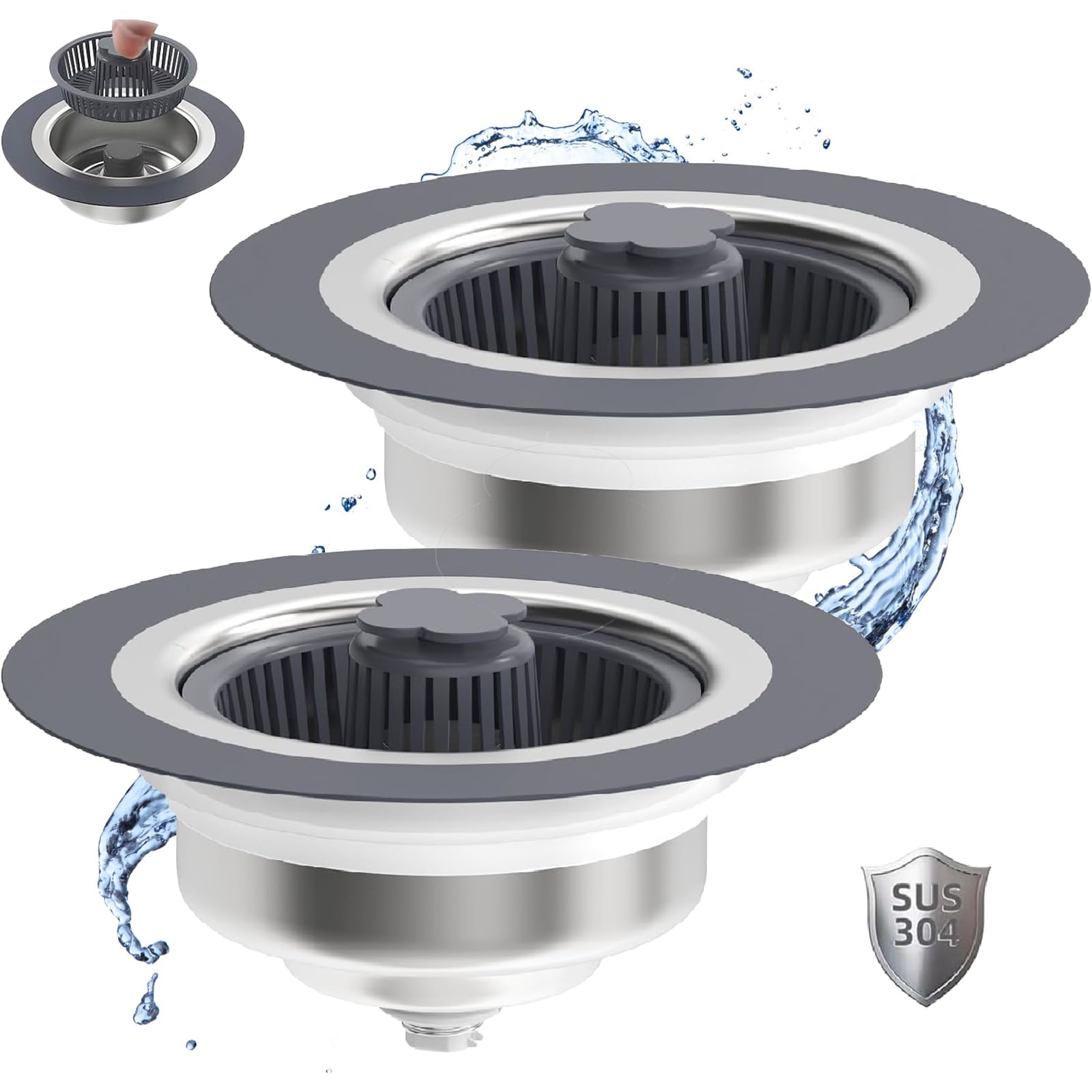 2 Pack Upgraded 3 in 1 Kitchen Sink Drain Strainer, Pop Up Sink Strainer Kitchen Drain Stopper ComboďźAnti-Clogging Stainless Steel Sink Strainer Basket Plug & Cover for US Standard 3-1/2 Inch Drain