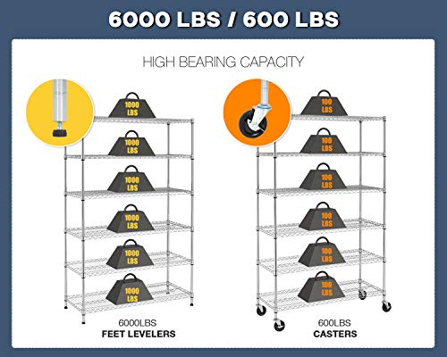 BestOffice 18x48x72 Wire Shelving with Commercial Wheels 6-Shelf Adjustable Heavy Duty Storage Shelves Metal Shelves Storage Unit Shelf,6000 LBS (Chrome)
