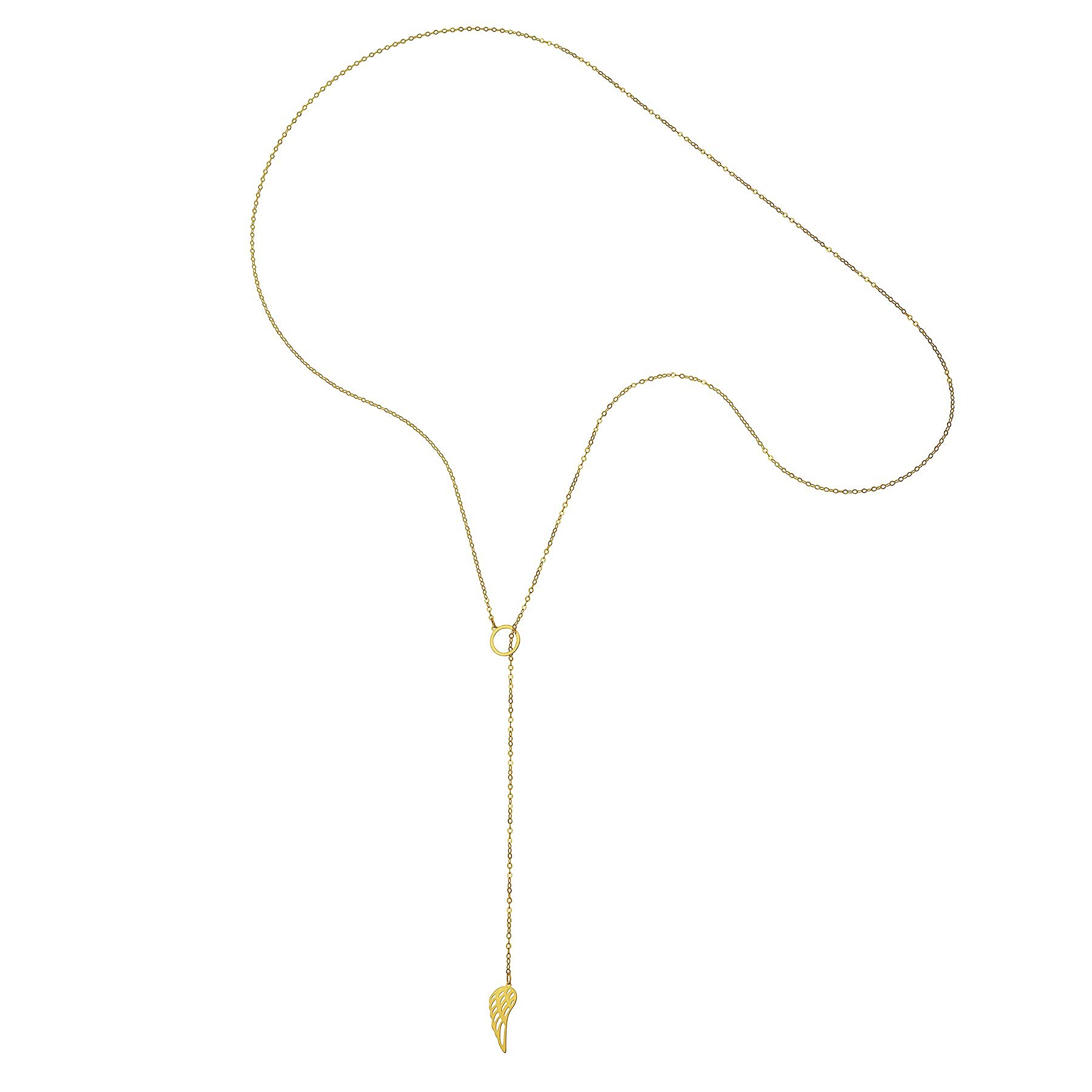 14k Italian Solid Yellow Gold Lariat Y Drop Sliding Pendant Angel Wing Necklace, 28”