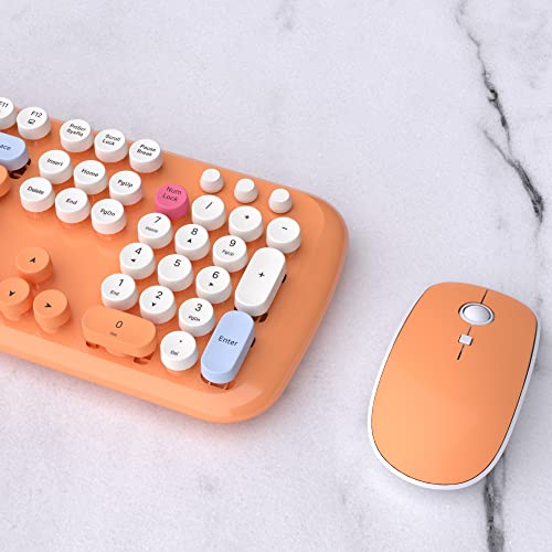 Colorful Wireless Computer Keyboards Mouse Combos, UBOTIE Polychrome Round Keycaps Retro PC Keyboards 2.4GHz Radio Frequency Connection with Optical Mouse(Orange-Colorful)