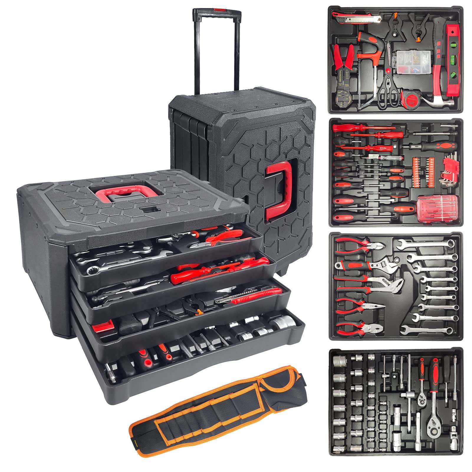 188-Piece Tool Set with Wheels, Tool Kit with Rolling Tool Box, Four-Layer Tool Kit, Toolbox Storage Case with Drawer, Complete Household Tool Kit, Tool Set for Men on Father's Day