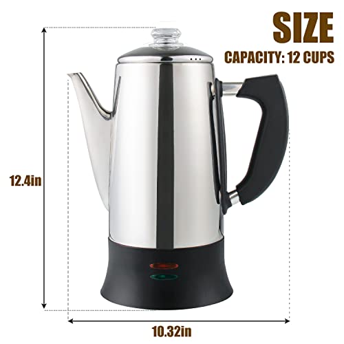 APOXCON Electric Coffee Percolator with ETL Approval, Stainless Steel Coffee Maker 1000 Watt with Simple Glass Knob Top, Auto Keep Warm Function & Cord-less Sever, Easy to Clean (12 Cup)