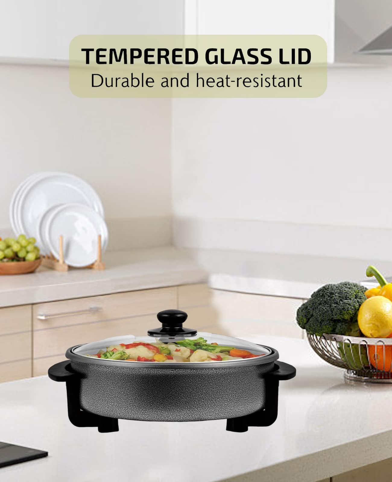 12-Inch Nonstick Electric Skillet - Aluminum Coated Grill Pan & Glass Lid Cover