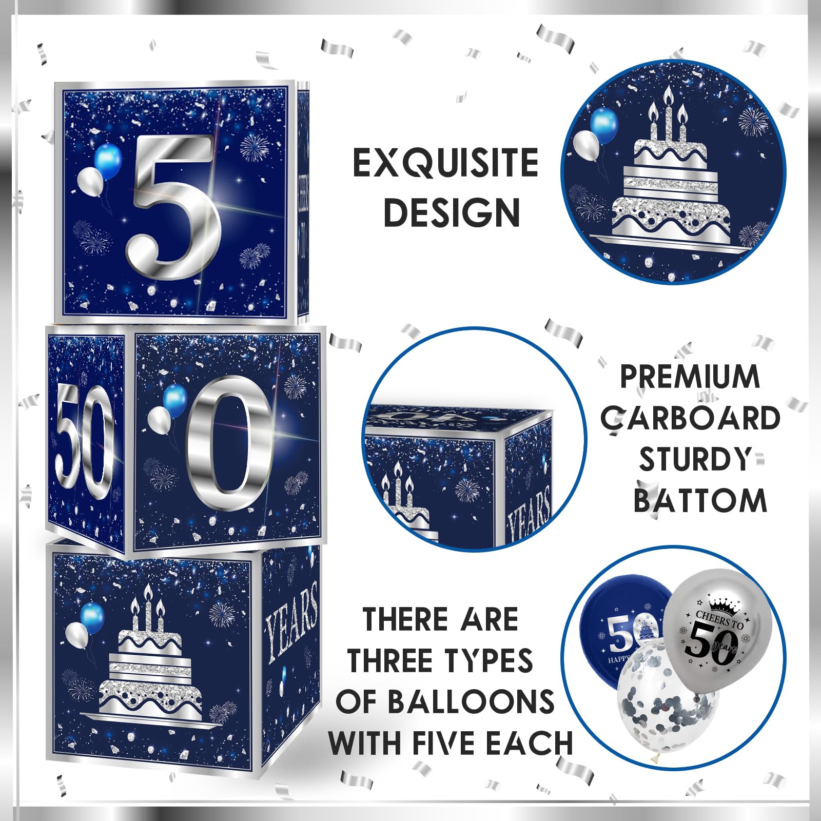 3Pcs 50th Birthday Decorations Boxes for Men Blue Silver 50th Happy Birthday Balloons Boxes Party Supplies 50 Year Old Birthday Theme Cardboard Box Decor.