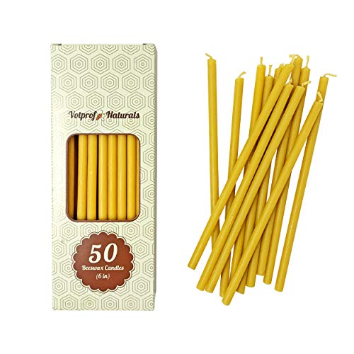 50 Natural 100% Pure Raw Beeswax Taper Candles ( 6") Natural Honey Scent Birthday Cake, Dripless, Smokeless, Nontoxic, Natural Cotton Wick