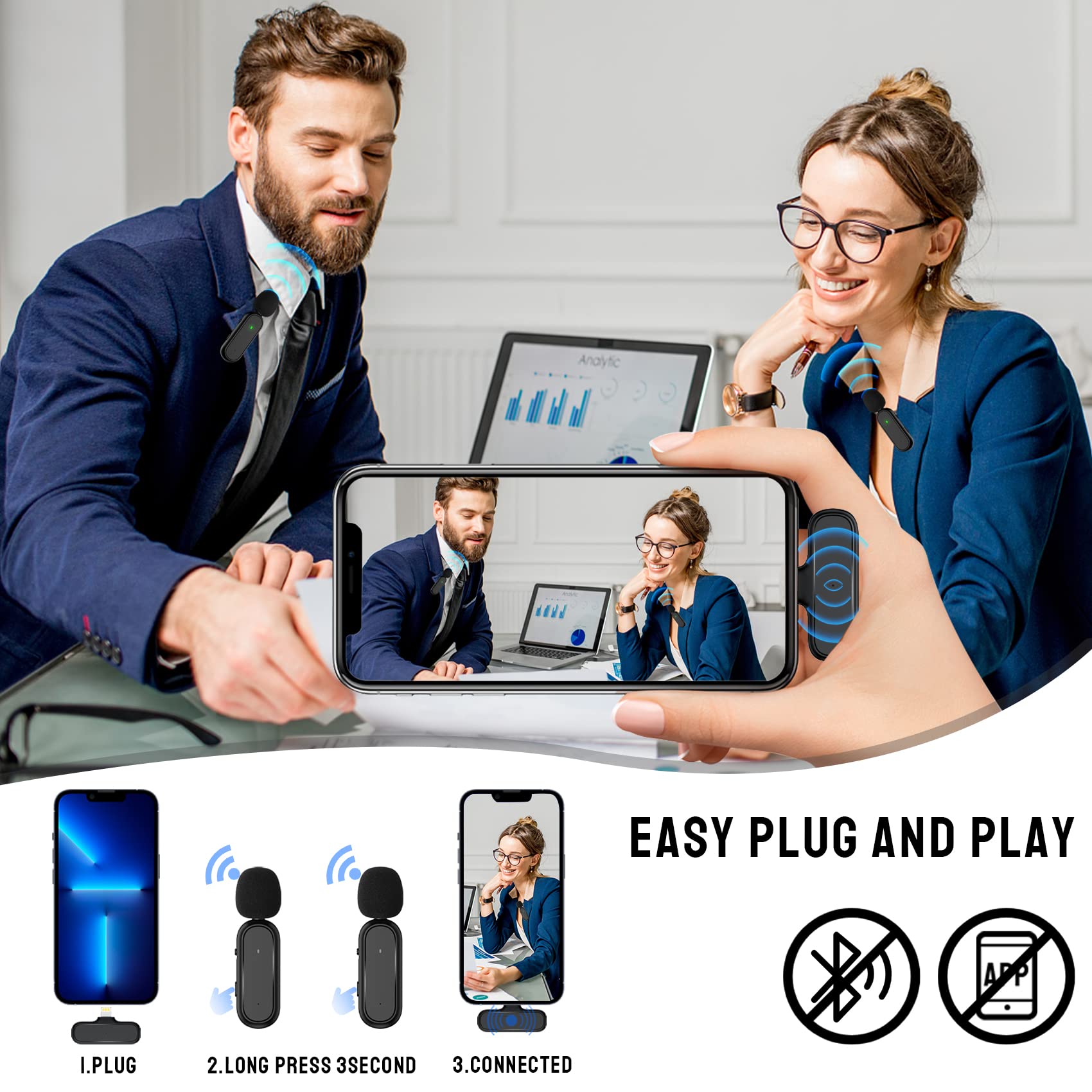 2 Pack Wireless Lavalier Microphone, Plug-Play Wireless Microphone for iPhone iPad, with Charging Case, Noise Reduction, Clip On Lapel Mic for Video Recording, YouTube, TikTok, Facebook, Vlog