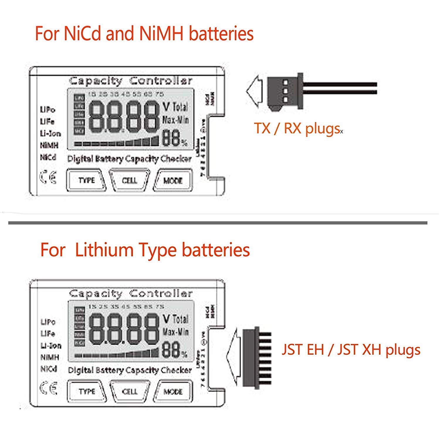 CAMWAY 5PCS 2in1 1-8s Lipo Battery Voltage Tester,RC Low Voltage Buzzer Alarm+ Digital Battery Capacity Tester RC Cellmeter-7 Lipo Battery Tester LCD Battery Checker Controller
