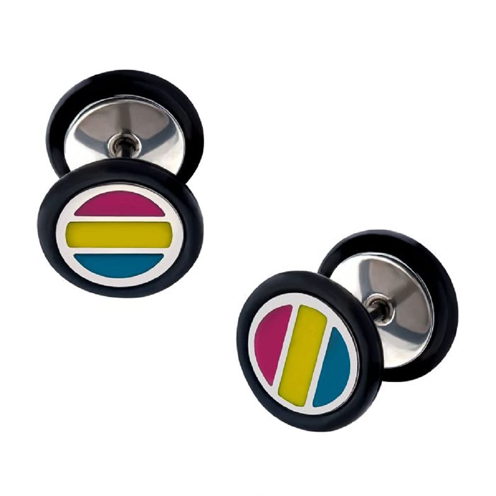 18GA Pink Yellow and Blue Striped Pansexual Pride Fake Cheater Plug Earrings, Sold as a Pair