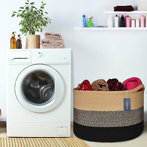 COMSE Extra Large Blanket Basket, Storage Basket, Laundry Basket, 21.7”x 13.8”, Laundry Hamper, Cotton Rope Basket, Blanket Basket Living Room, Toy Basket (Brown & Black)