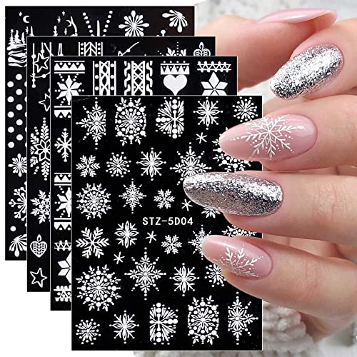 3D Embossed Christmas Nail Art Stickers Decals 4 Sheets 5D Self-Adhesive Pegatinas Uñas Holiday Snowman Snowflakes Nail Supplies Nail Art Design Decoration Accessories