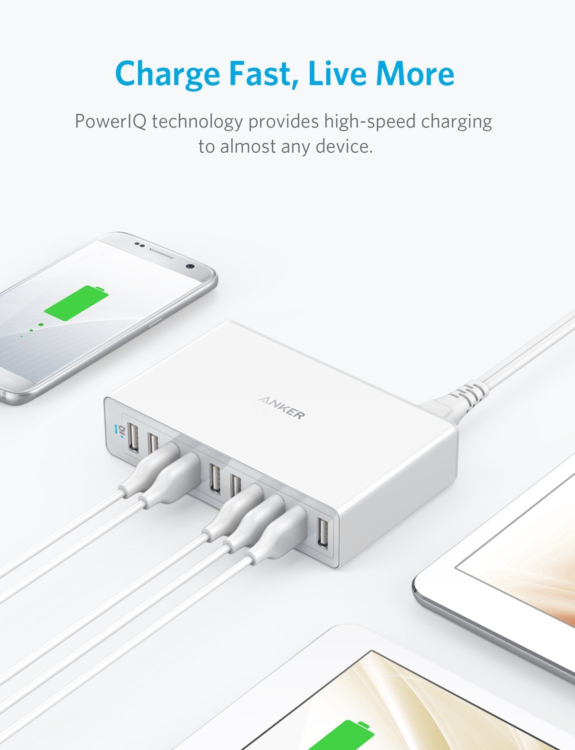 Anker 60W 10-Port USB Wall Charger, PowerPort 10 for iPhone Xs/XS Max/XR/X/8/7/6s/Plus, iPad Pro/Air 2/Mini, Galaxy S9/S8/S7/Plus/Edge, Note 8/7, LG, Nexus, HTC and More