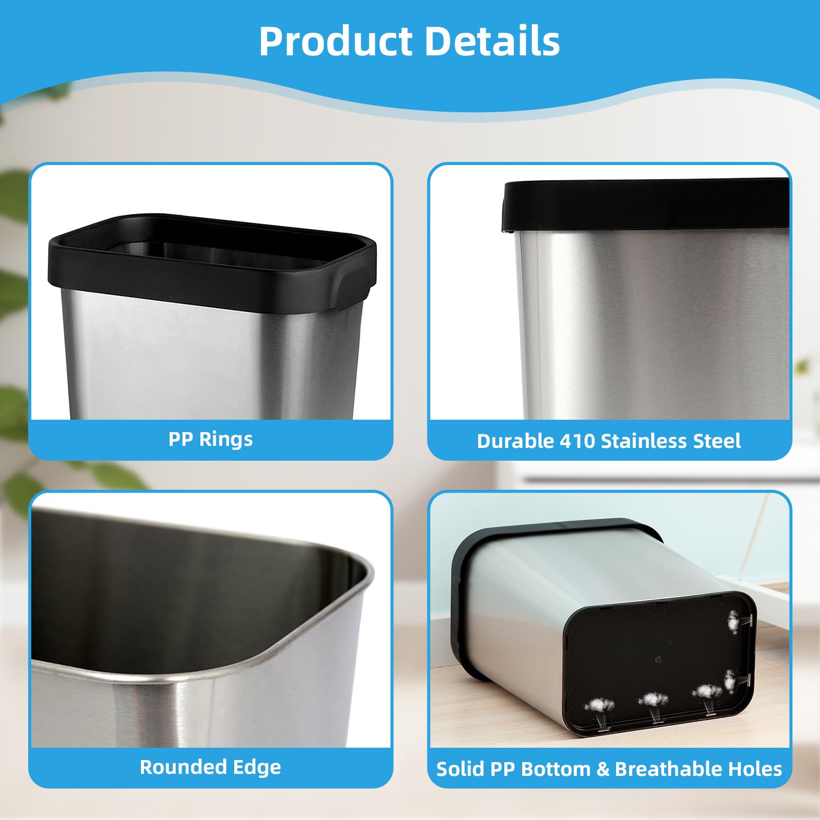 2 Pack Stainless Steel Trash Can 2 Gallon, Open Top Trash Can, 7" x 10" x 11", Rectangle Trash Can Kitchen - Slim and Narrow, Small Trash Can No Lid for Kitchen, Bathroom, Living Room, Office