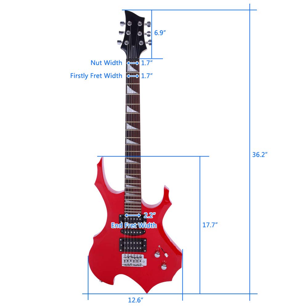 36“ Beginner Flame Shaped Electric Guitar Starter Kit, w/Guitar Bag,Shoulder Strap,Amp Wire,Tremolo Arm, Plectrum (Red)