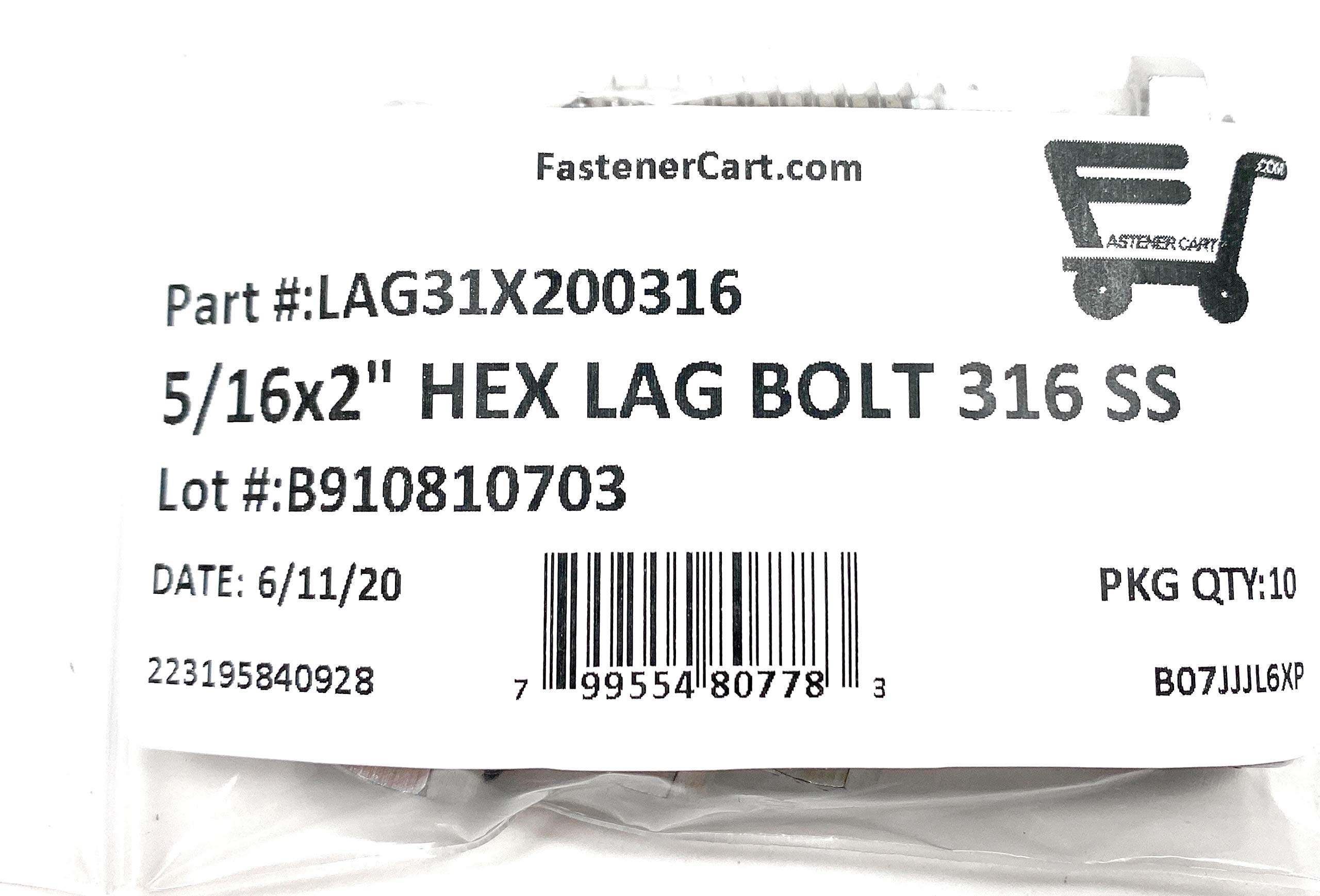 5/16 x 2 316 Stainless Steel Hex Head Lag Bolts Lag Screws Marine Grade (10 Pieces)