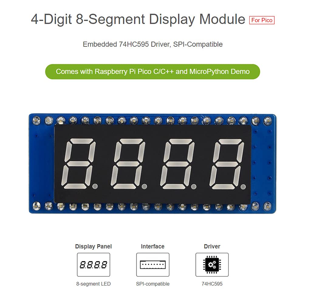 Coolwell 4-digit 8-segment Display Module for Raspberry Pi Pico Series, Quad Alphanumeric Display Based on 74HC595 Driver SPI-compatible Direct Connect