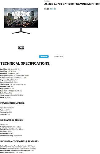 Allied Expanse B2700 27" Gaming Monitor - Ultra Thin Frame, 1ms Reponse Time, 75Hz, 1080P, VESA Mount Ready