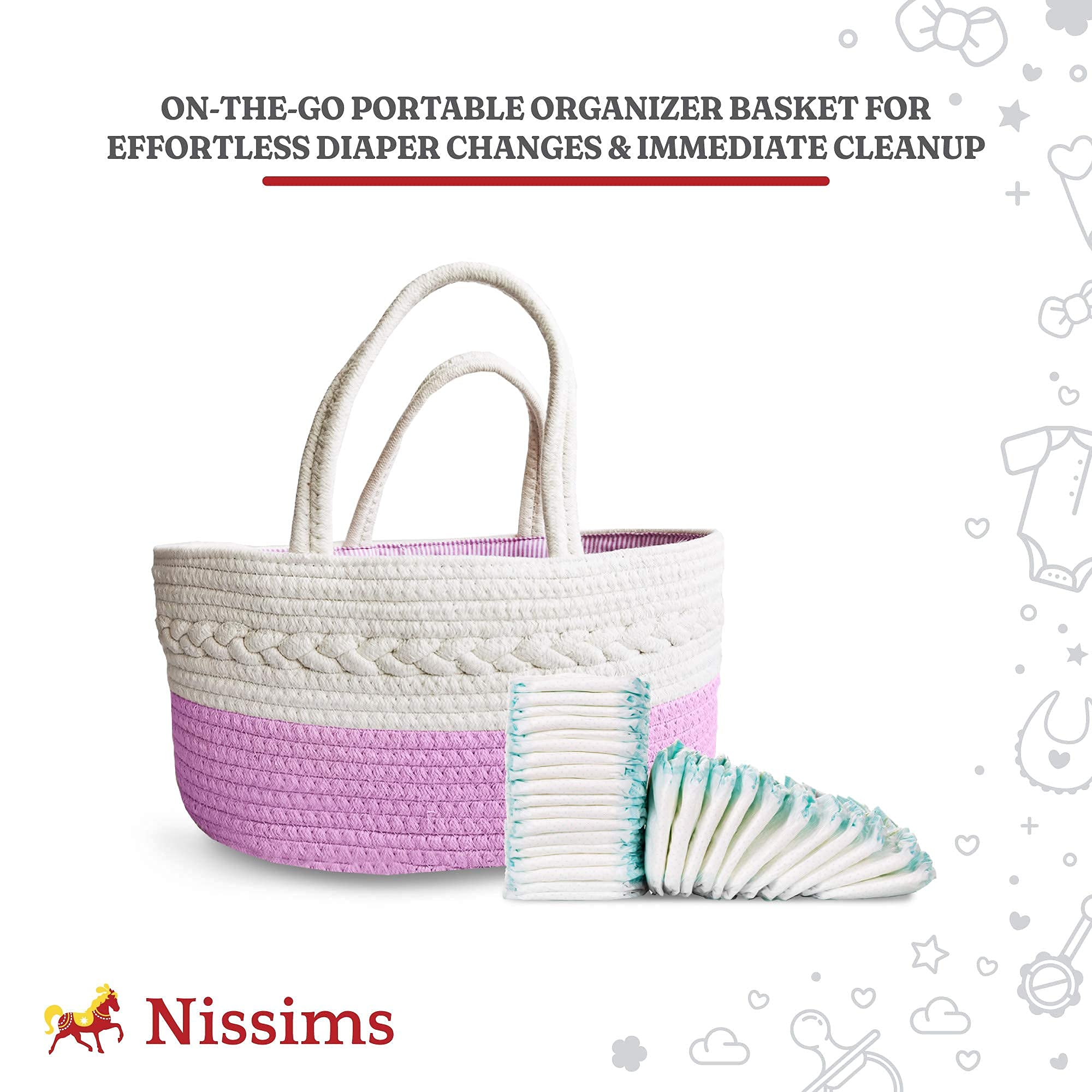 Baby Diaper Caddy Organizer Basket for Changing Table - Large Compact and Portable Woven Cotton Rope and Canvas Nursery Basket with 3 Divisions - Unisex Stylish GrayWhite - 14x8.5x7 Inches