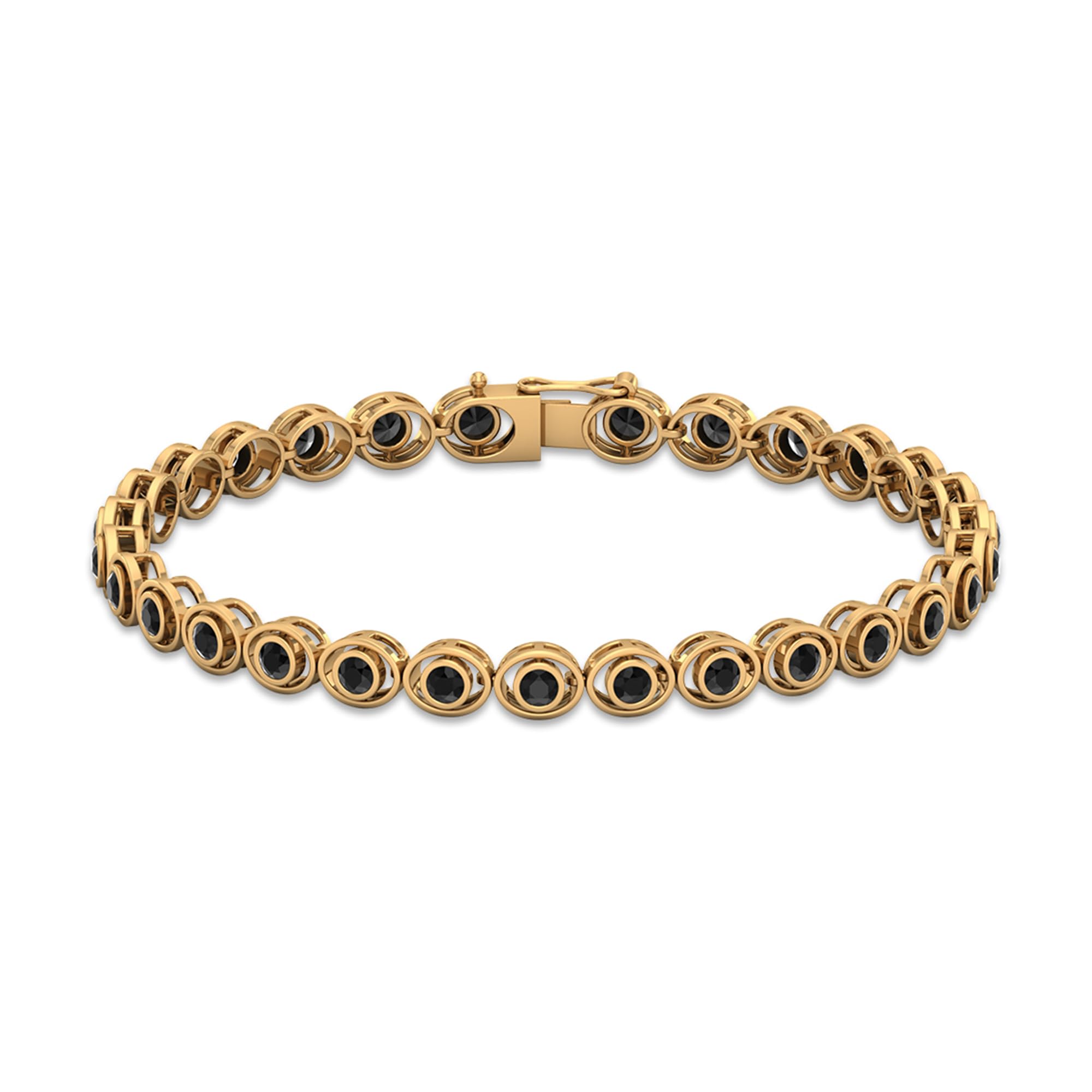 2 CT Bezel Set Black Onyx Unisex Round Shape Tennis Chain Bracelet (AAA Quality), 14K Yellow Gold, 6.5 inches