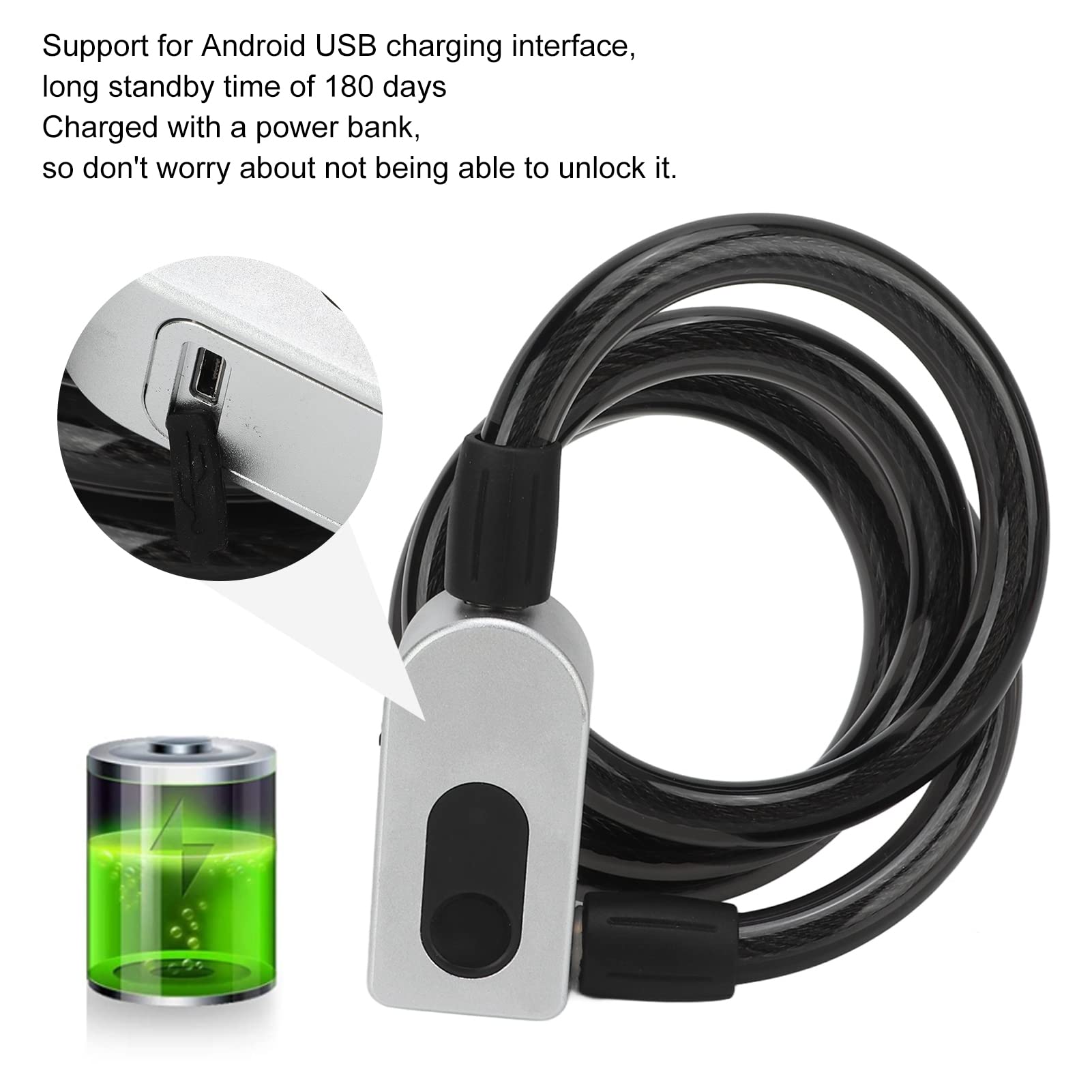 1M Fingerprint Bike Lock Cable, Waterproof Anti-Theft Keyless Bicycle Chain Lock with USB for Outdoor Use