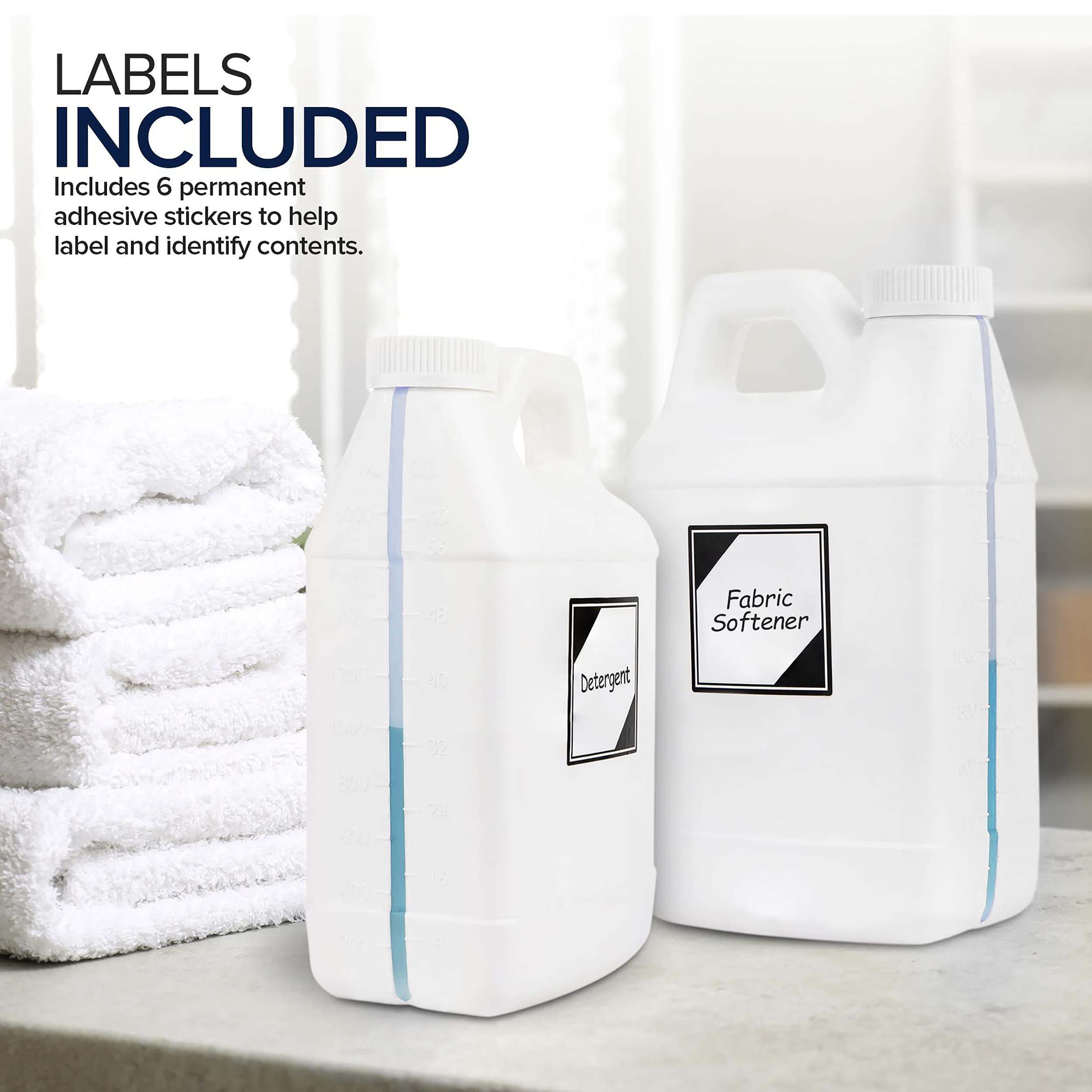 Stock Your Home 64 oz Plastic F-Style Half Gallon Jugs with Labels (3 Pack) - Child Proof Leak Resistant Caps - Impact Resistant Plastic Jugs for Commercial or Restaurant Use - Adhesive Stickers