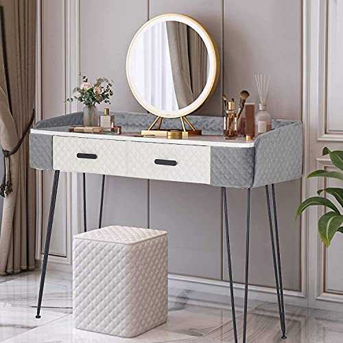 Joveco 40ββ Vanity Table with 2 Drawers- Modern Makeup Vanity Desk- Dressing Table Small Desks for Bedrooms- Home Office Computer Desk- White Marble Wood Veneer/Gold Metal Legs and Gray/White