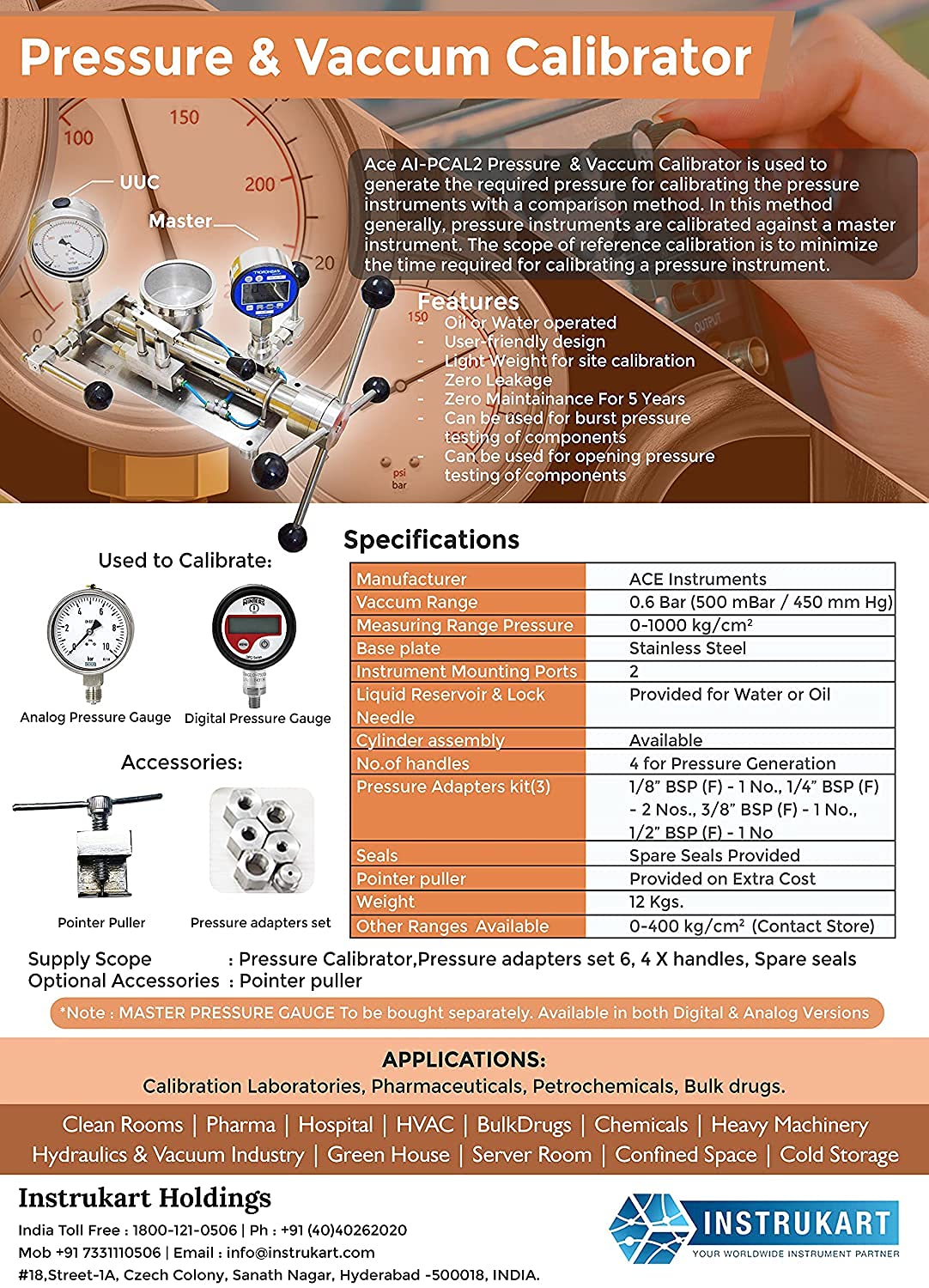 Bench Top Pressure and Vacuum Calibrator (Range: 0-1000 kg/cm²) for Calibration Laboratories, Pharmaceuticals, Petrochemicals Model: AI-PCAL1