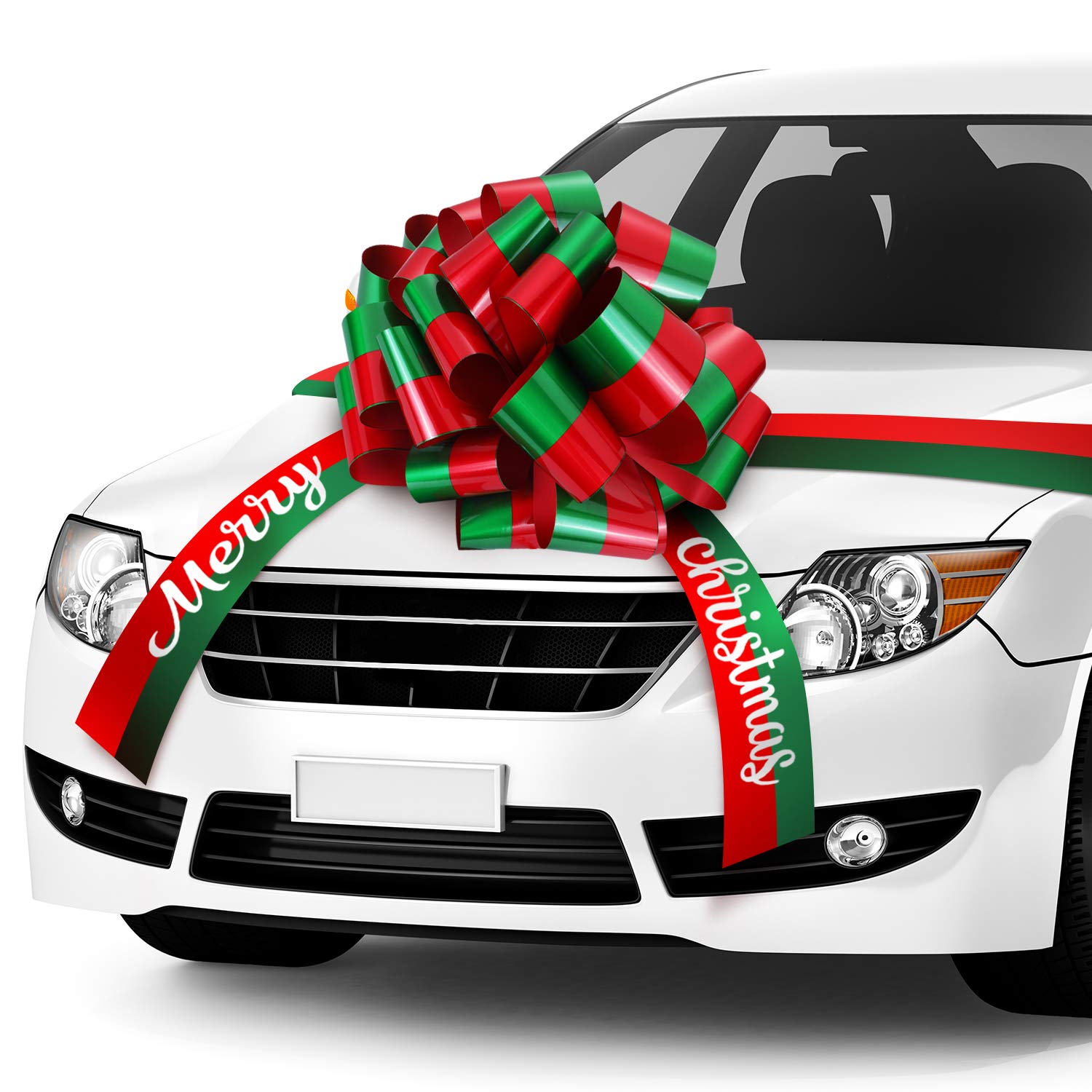 20 Inch Merry Christmas Car Bow Sweet Giant Red Green Pull Bow Waterproof Car Ribbon Bow with 20 Feet Car Ribbon for Christmas Party Car Decorations (Solid Color Style)
