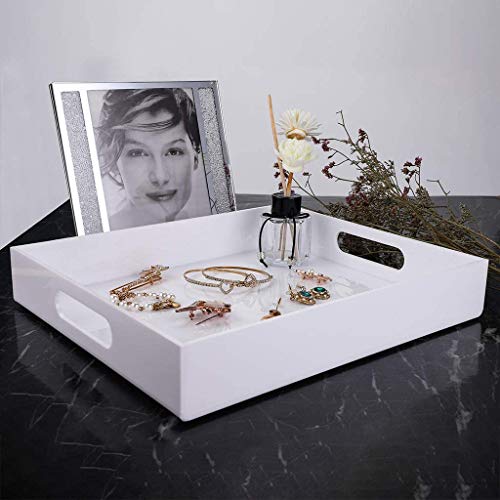 White Acrylic Tray 16" x 12" with Handles, Decorative Tray for Coffee Table, Kitchen or Living Room, Clear Acrylic Vanity Tray Spill Proof for Home Decor - Ottoman Tray, Serving Tray